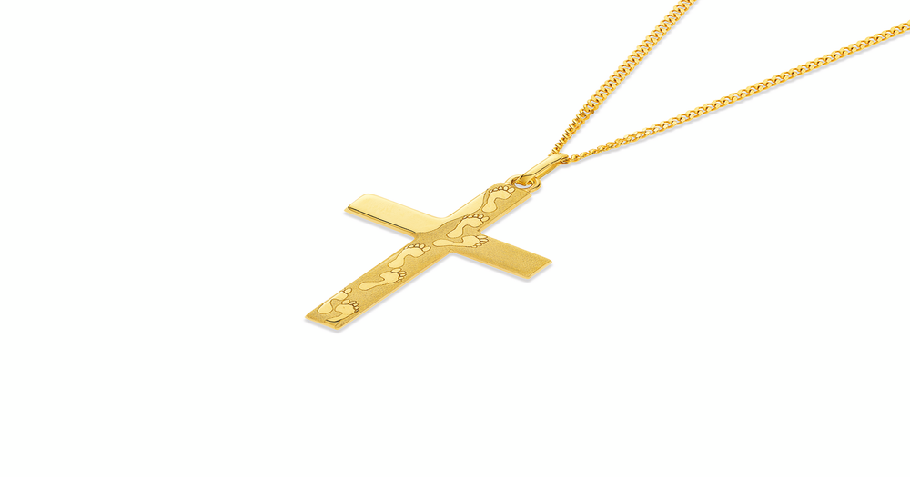 9ct, 24mm Footprints Cross Pendant With Verse On Back | Stewart Dawsons