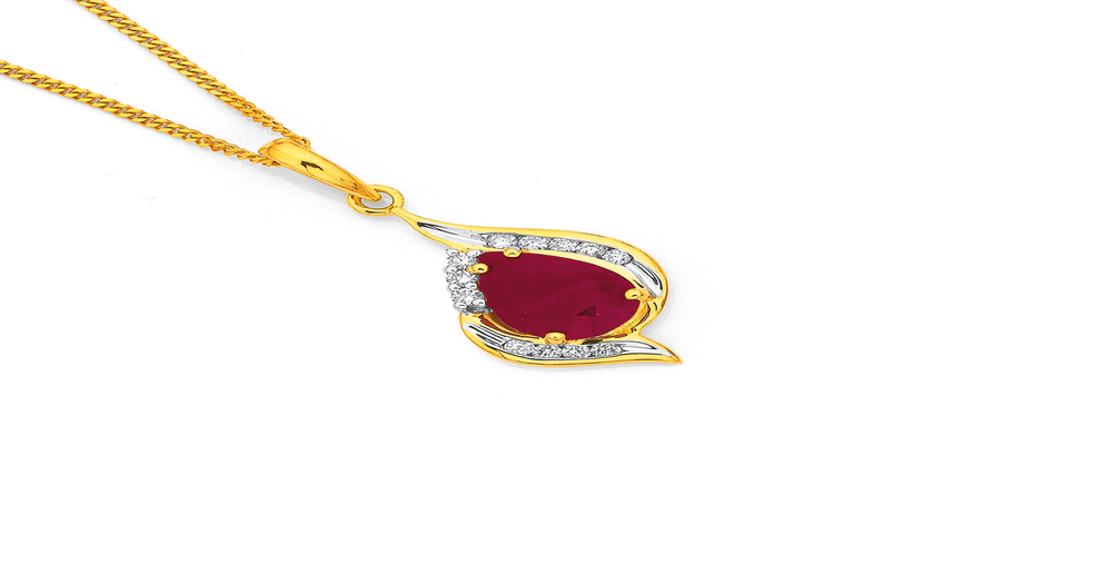 9ct, Ruby & Diamond Pendant Tdw=.10ct in Red | Stewart Dawsons