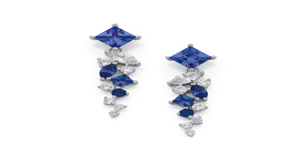 Sterling Silver Cubic Zirconia & Blue Cubic Zirconia Drop Earrings in ...